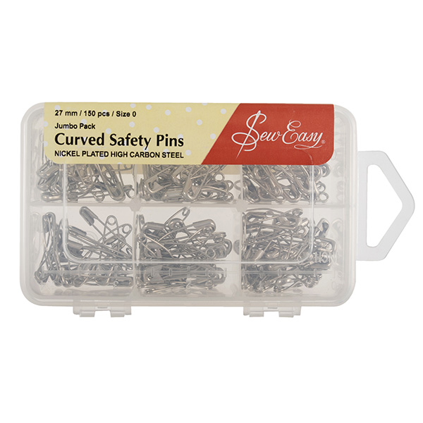 27mm curved safety pins in box of 150, with storage box