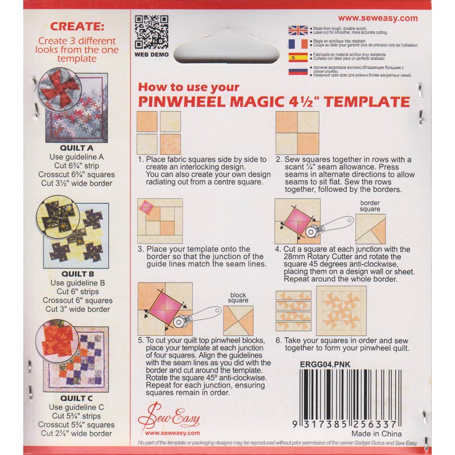 Sew Easy Pinwheel Magic 4.5 inch Template - Pelenna Patchworks