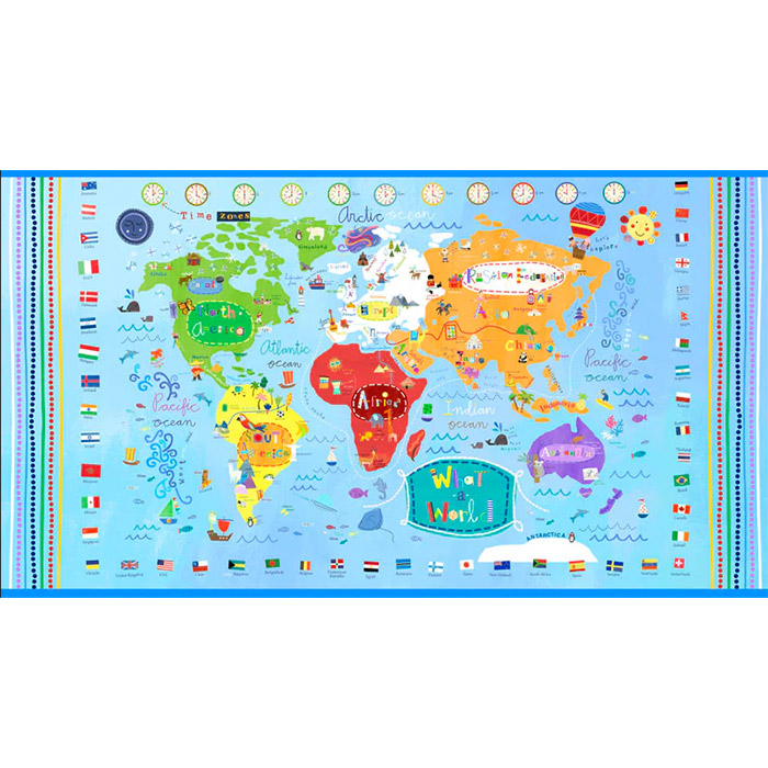 P&B Textiles What A World map quilt panel